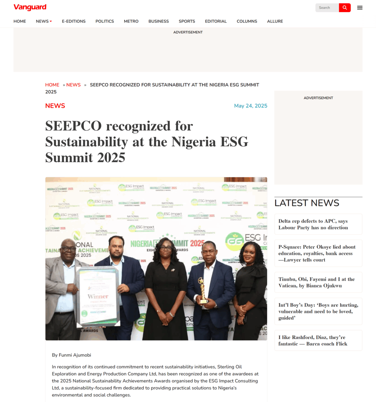 SEEPCO recognized for Sustainability at the Nigeria ESG Summit 2025 ...